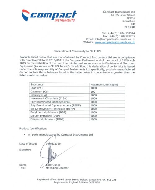 RoHS Declaration of Compliance - Compact Instruments Ltd