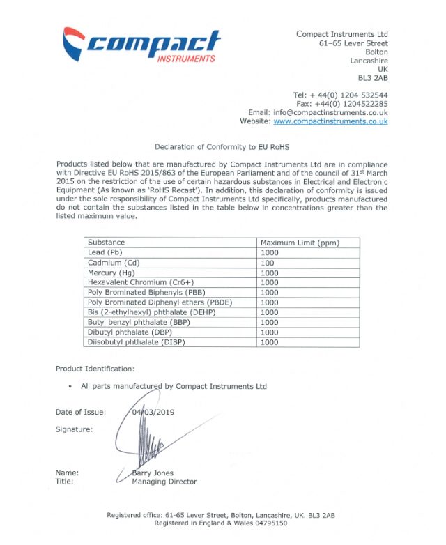RoHS Declaration of Compliance - Compact Instruments Ltd